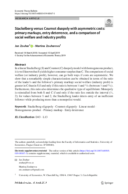 (PDF) Stackelberg versus Cournot duopoly with asymmetric costs: primary ...