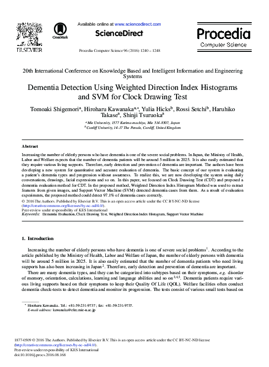 (PDF) Dementia Detection Using Weighted Direction Index Histograms and SVM for Clock Drawing ...