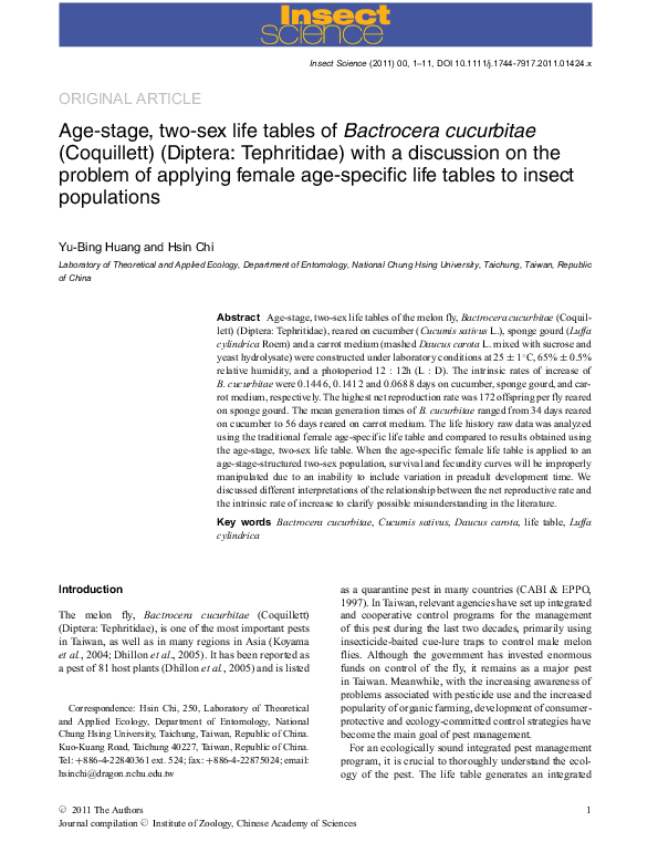 (PDF) Age-stage, two-sex life tables of Bactrocera cucurbitae ...