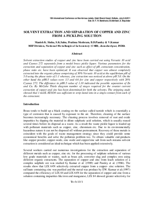 (PDF) Solvent Extraction and Separation of Copper and Zinc from a ...