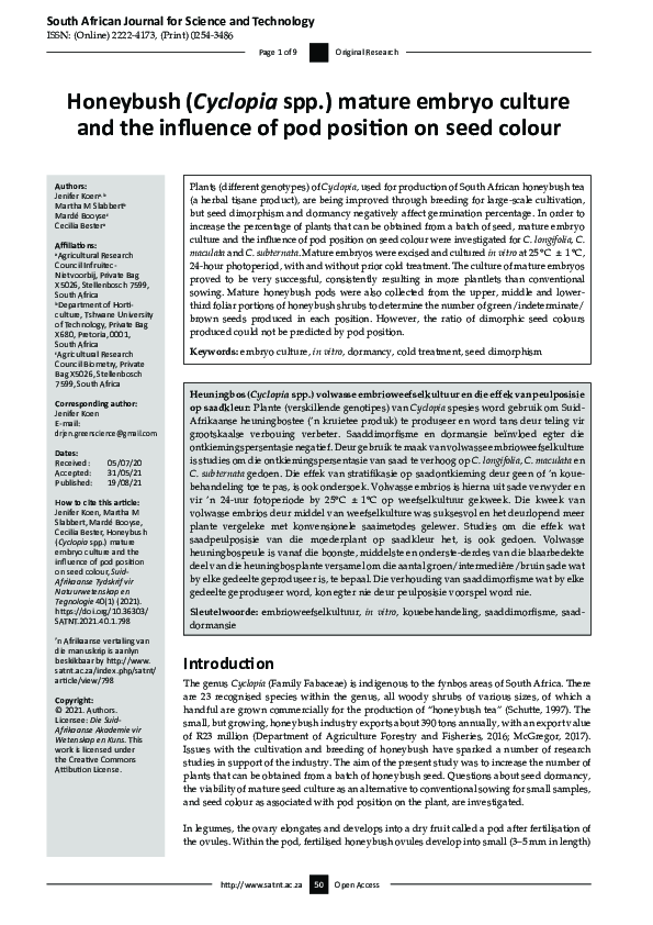 (PDF) Honeybush ( Cyclopia spp.) mature embryo culture and the ...