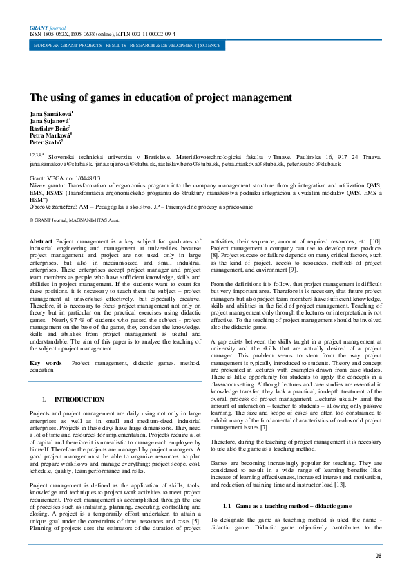 (PDF) The using of games in education of project management
