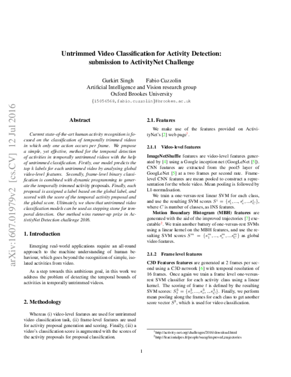 Pdf Untrimmed Video Classification For Activity Detection Submission To Activitynet Challenge
