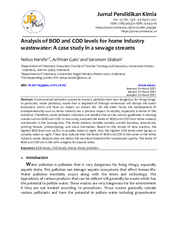 (PDF) Analysis of BOD and COD levels for home industry wastewater: A ...