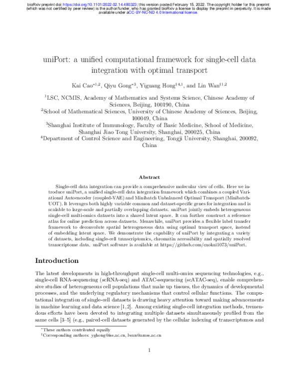 (PDF) uniPort: a unified computational framework for single-cell data integration with optimal ...