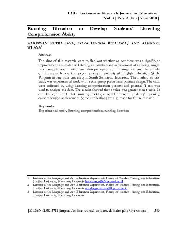 (PDF) Running Dictation to Develop Students’ Listening Comprehension Ability
