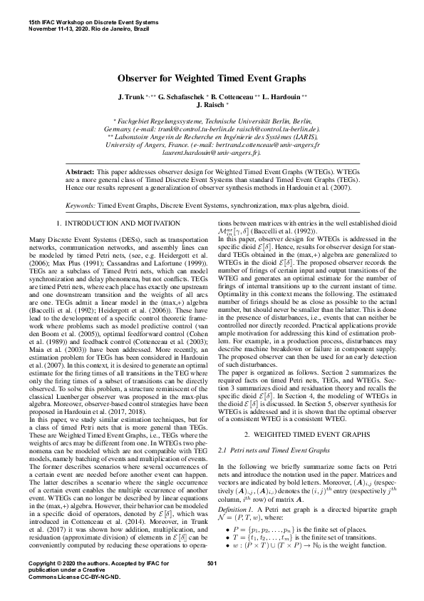 (PDF) Observer for Weighted Timed Event Graphs
