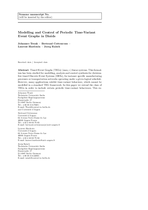 (PDF) Modelling and control of periodic time-variant event graphs in dioids