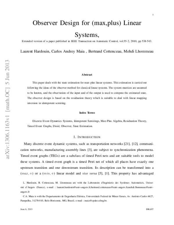 (PDF) Observer Design for (max,plus) Linear System