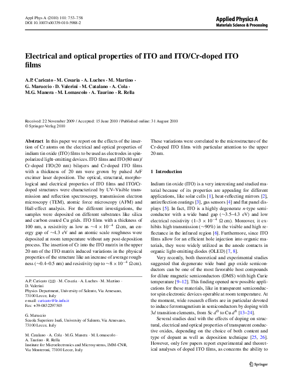 (PDF) Electrical and optical properties of ITO and ITO/Cr-doped ITO films