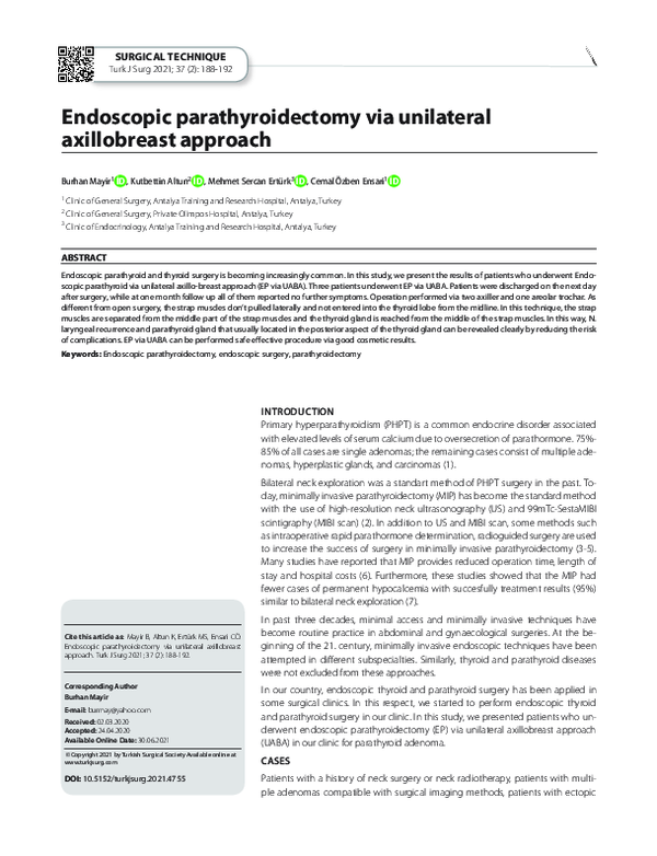 (PDF) Endoscopic parathyroidectomy via unilateral axillobreast approach