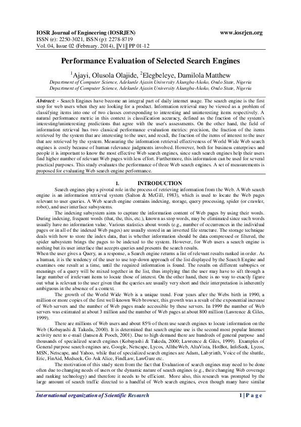 (PDF) Performance Evaluation of Selected Search Engines