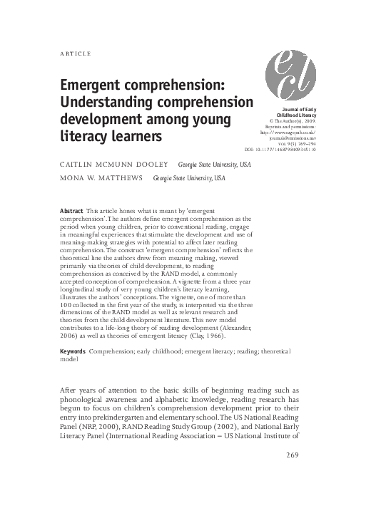 (PDF) Emergent comprehension: Understanding comprehension development among young literacy learners