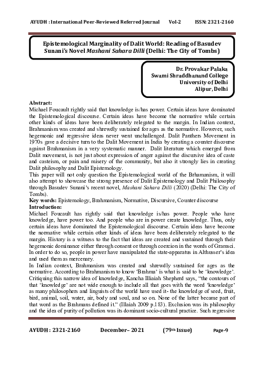 (PDF) Epistemological Marginality of Dalit World: Reading of Basudev ...