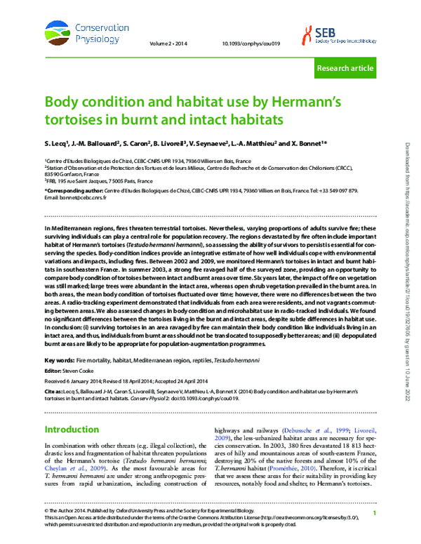 (PDF) Body condition and habitat use by Hermann's tortoises in burnt ...