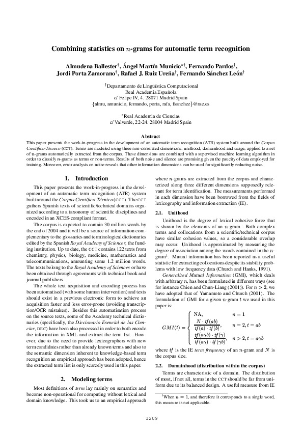 (PDF) Combining statistics on n-grams for automatic term recognition