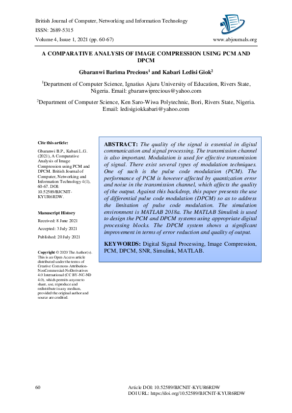 Pdf A Comparative Analysis Of Image Compression Using Pcm And Dpcm