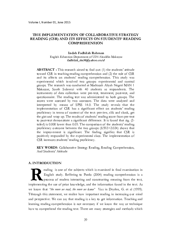 (PDF) The Implementation of Collaborative Strategy Reading (CSR) and ...