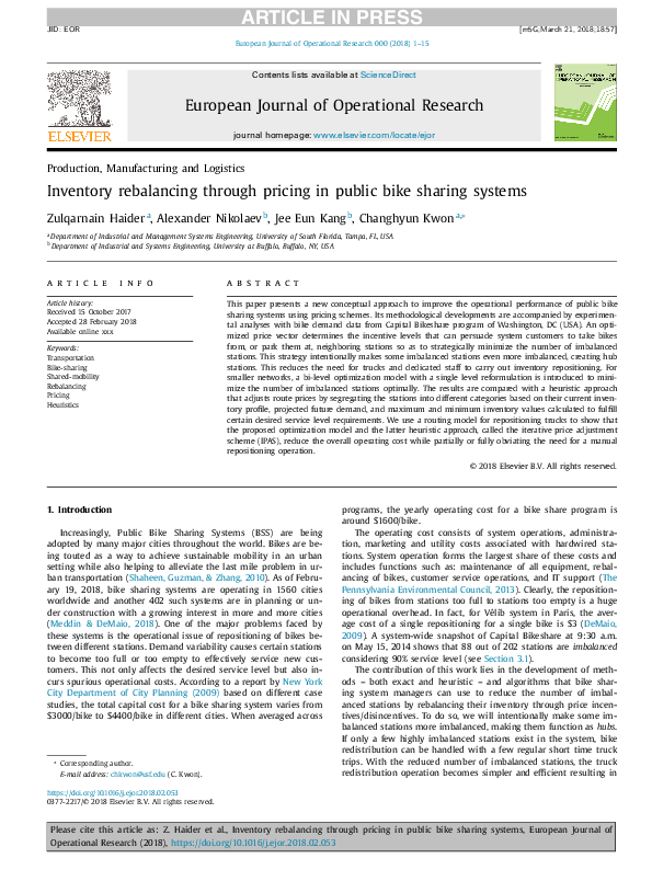 (PDF) Inventory rebalancing through pricing in public bike sharing systems