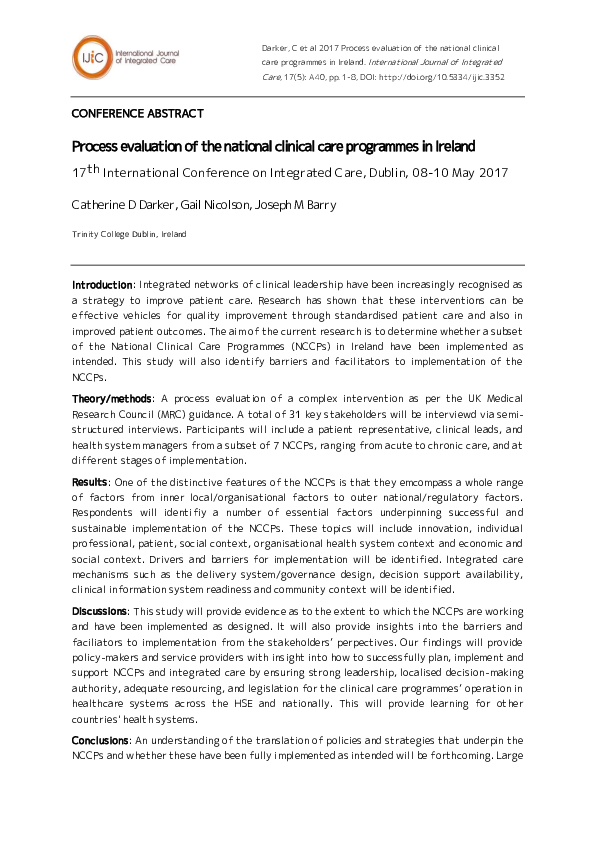 (PDF) Process evaluation of the national clinical care programmes in ...