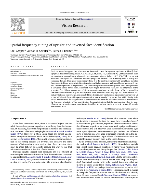 (PDF) Spatial frequency tuning of upright and inverted face identification