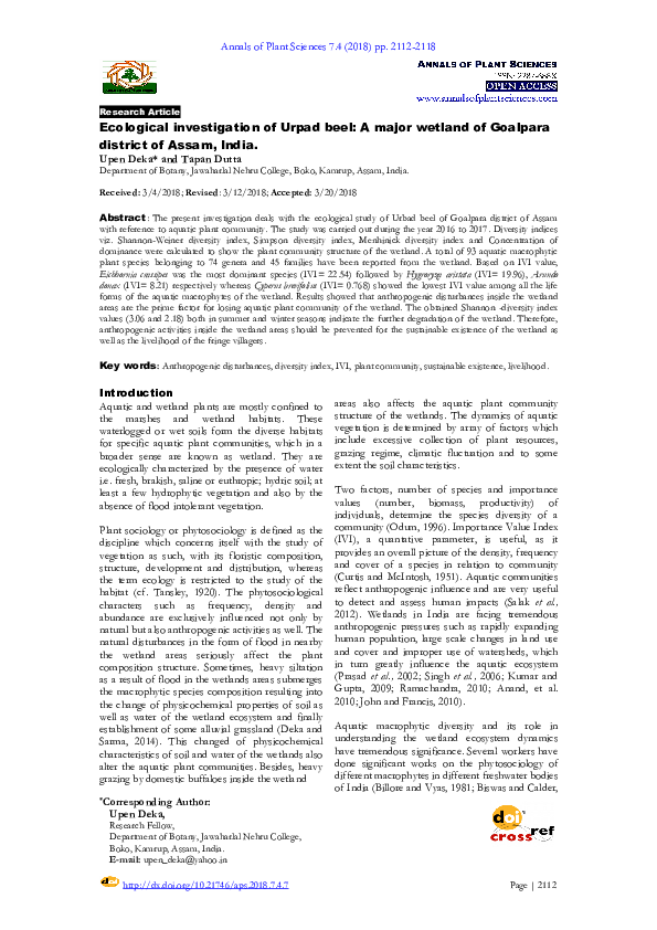 (PDF) Ecological investigation of Urpad beel: A major wetland of ...