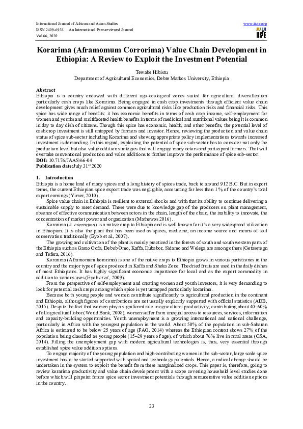 (PDF) Korarima (Aframomum Corrorima) Value Chain Development in ...