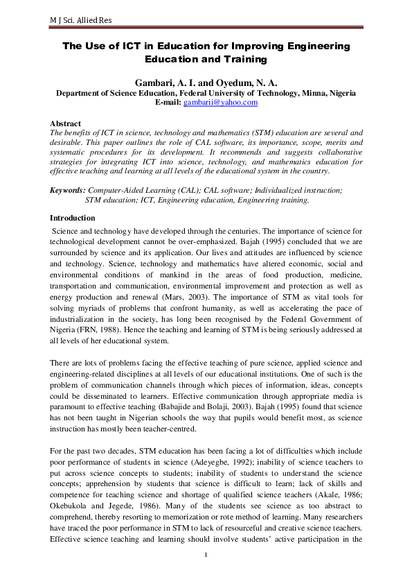(PDF) The Use of ICT in Education for Improving Engineering Education ...