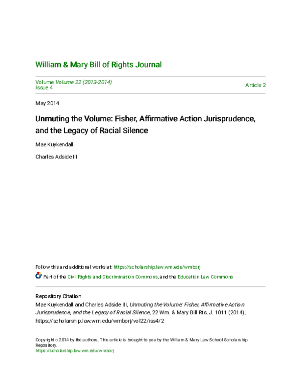 (PDF) Unmuting the Volume: Fisher, Affirmative Action Jurisprudence ...