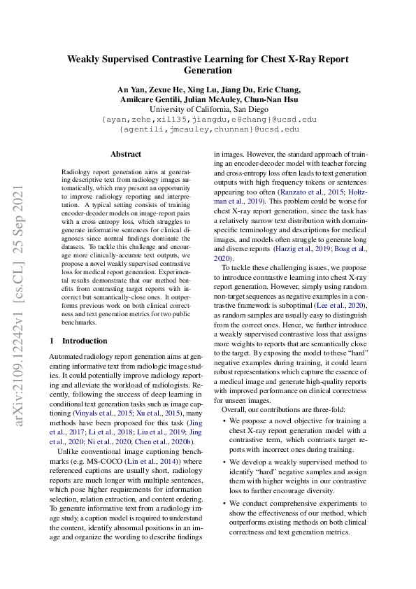 (PDF) Weakly Supervised Contrastive Learning for Chest X-Ray Report Generation