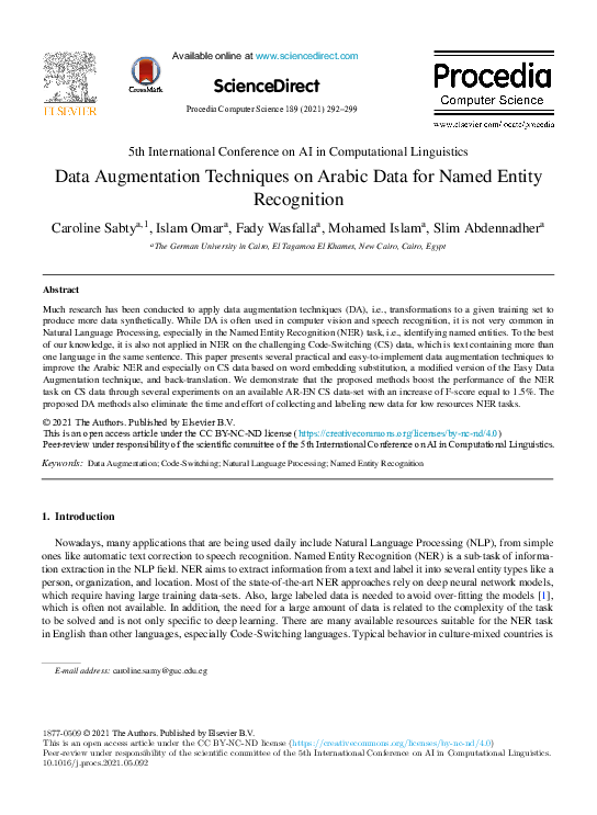 (PDF) Data Augmentation Techniques on Arabic Data for Named Entity Recognition