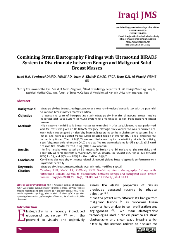 (PDF) Combining Strain Elastography Findings with Ultrasound Birads System to Discriminate ...