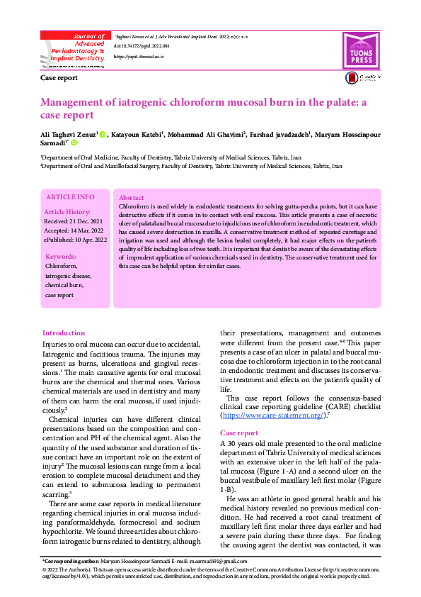 (PDF) Management of iatrogenic chloroform mucosal burn in the palate ...