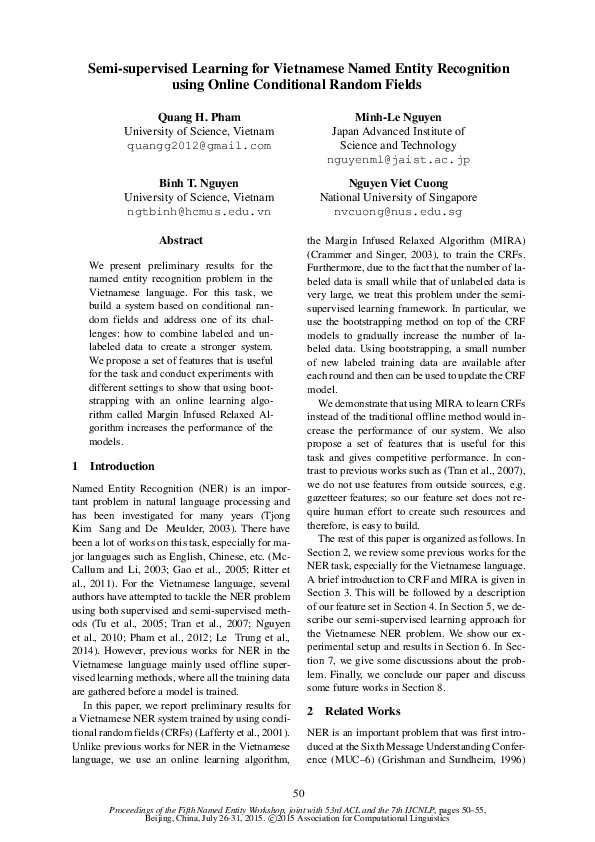 (PDF) Semi-supervised Learning for Vietnamese Named Entity Recognition using Online Conditional ...