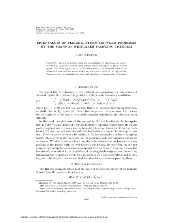 (PDF) Eigenvalues of periodic Sturm-Liouville problems by the Shannon-Whittaker sampling theorem