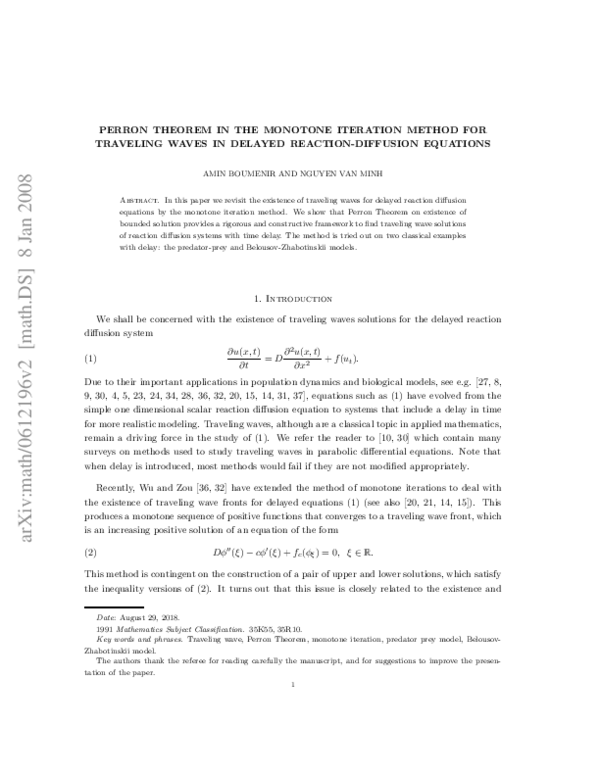 (PDF) Perron Theorem in the monotone iteration method for traveling waves in delayed reaction ...