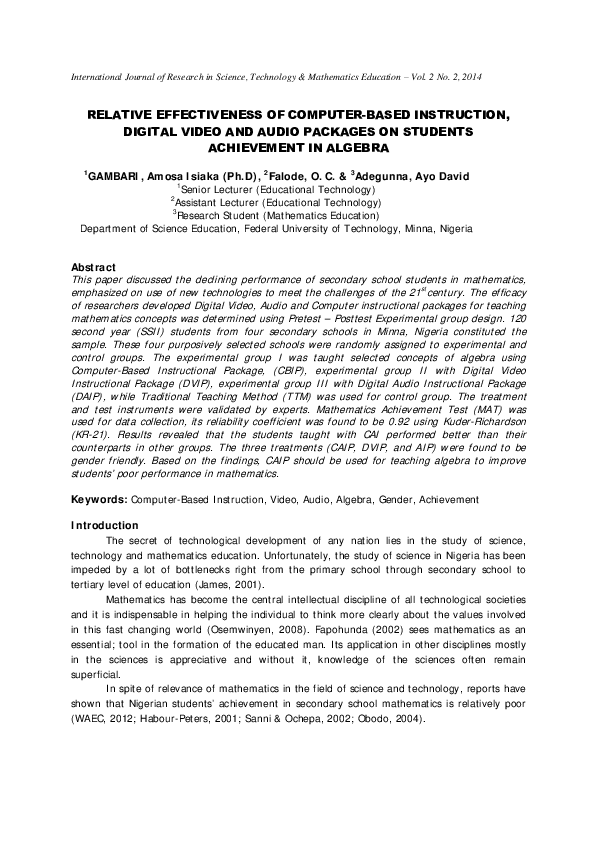 (PDF) RELATIVE EFFECTIVENESS OF COMPUTER-BASED INSTRUCTION, DIGITAL VIDEO AND AUDIO PACKAGES ON ...