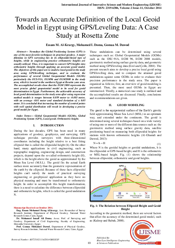 (PDF) Towards an Accurate Definition of the Local Geoid Model in Egypt using GPS/Leveling Data ...