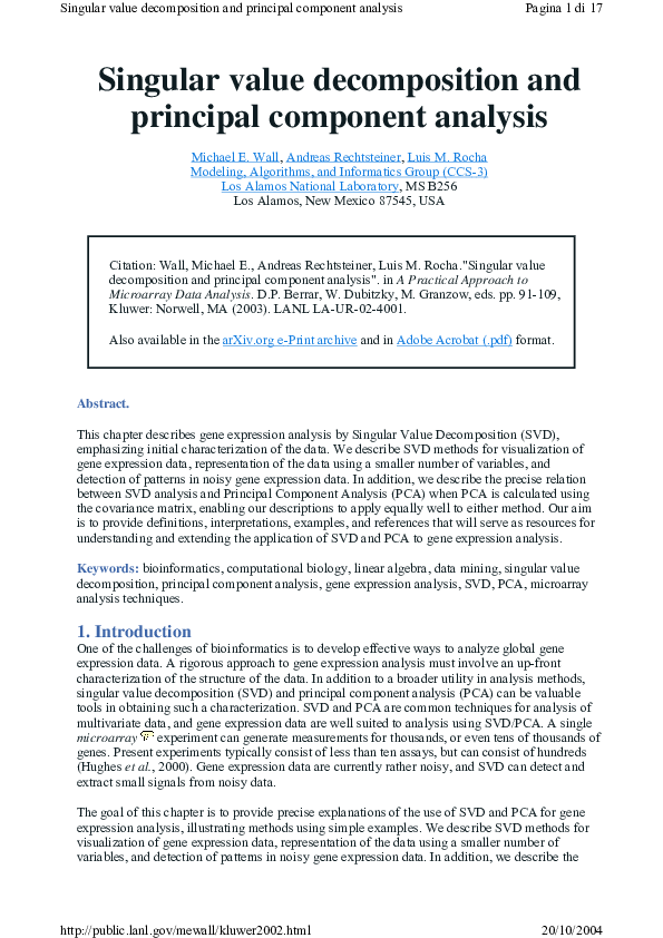 Pdf Singular Value Decomposition And Principal Component Analysis