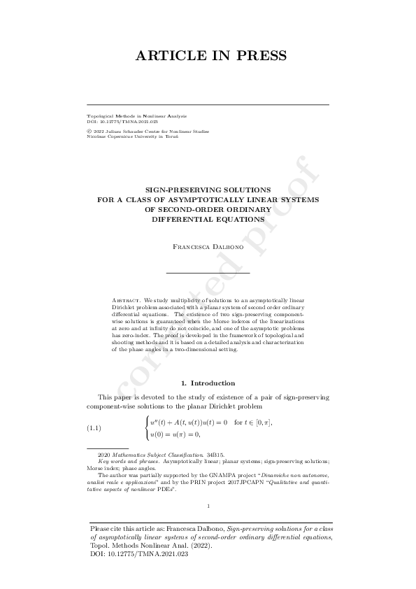 Pdf Sign Preserving Solutions For A Class Of Asymptotically Linear Systems Of Second Order