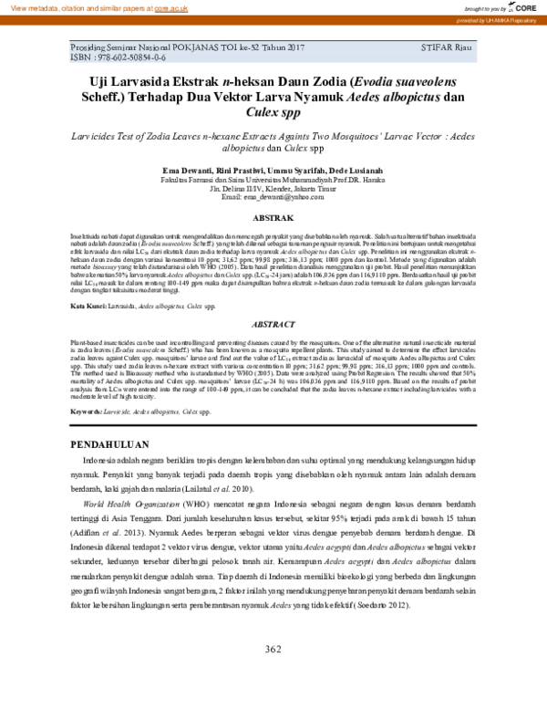 (PDF) Uji Larvasida Ekstrak n-heksan Daun Zodia (Evodia suaveolens ...