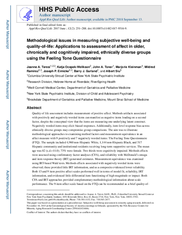 (PDF) Methodological Issues in Measuring Subjective Well-Being and Quality-of-Life: Applications ...