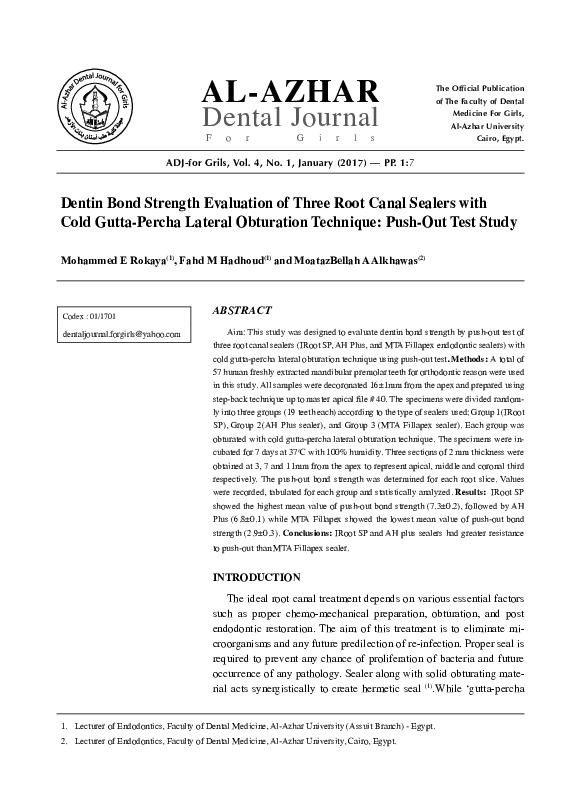 (PDF) Dentin Bond Strength Evaluation of Three Root Canal Sealers with ...