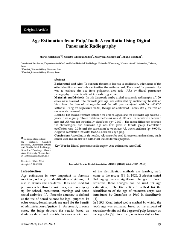 (PDF) Age Estimation from Pulp/Tooth Area Ratio Using Digital Panoramic Radiography