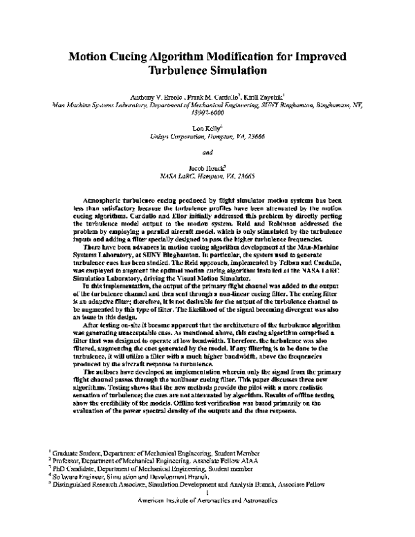 Pdf Motion Cueing Algorithm Modification For Improved Turbulence Simulation Frank Cardullo