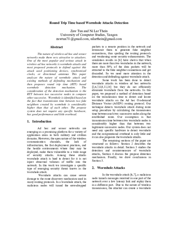 (PDF) Round Trip Time based Wormhole Attacks Detection