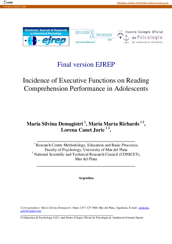 (PDF) Incidence of Executive Functions on Reading Comprehension Performance in Adolescents