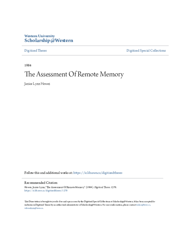 (PDF) The Assessment Of Remote Memory