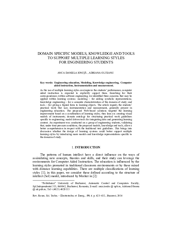 (PDF) Domain Specific Models, Knowledge and Tools to Support Multiple Learning Styles for ...