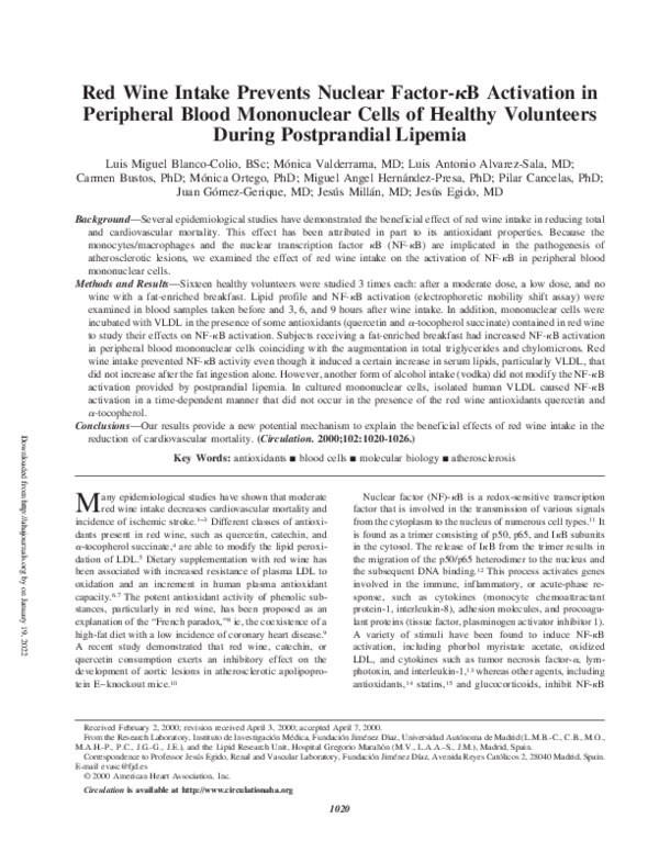 (PDF) Red Wine Intake Prevents Nuclear Factor-kB Activation in ...